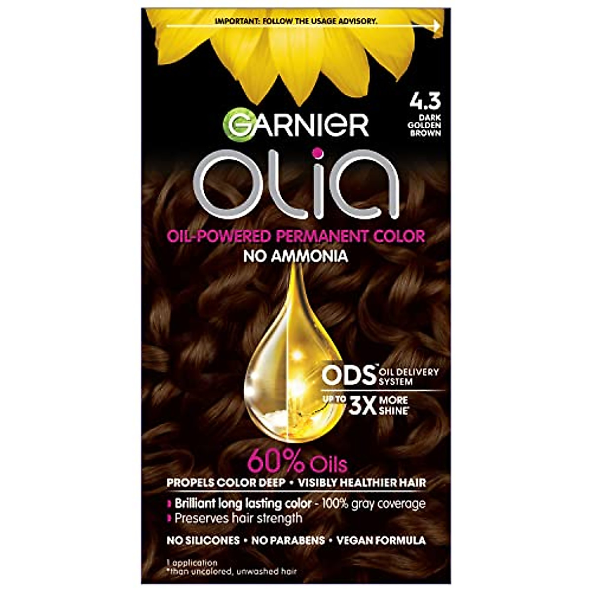 Garnier Hair Color Olia Ammonia-Free Brilliant Color Oil-Rich Permanent Hair Dye, 4.3 Dark Golden Brown, 1 Count (Packaging May Vary)