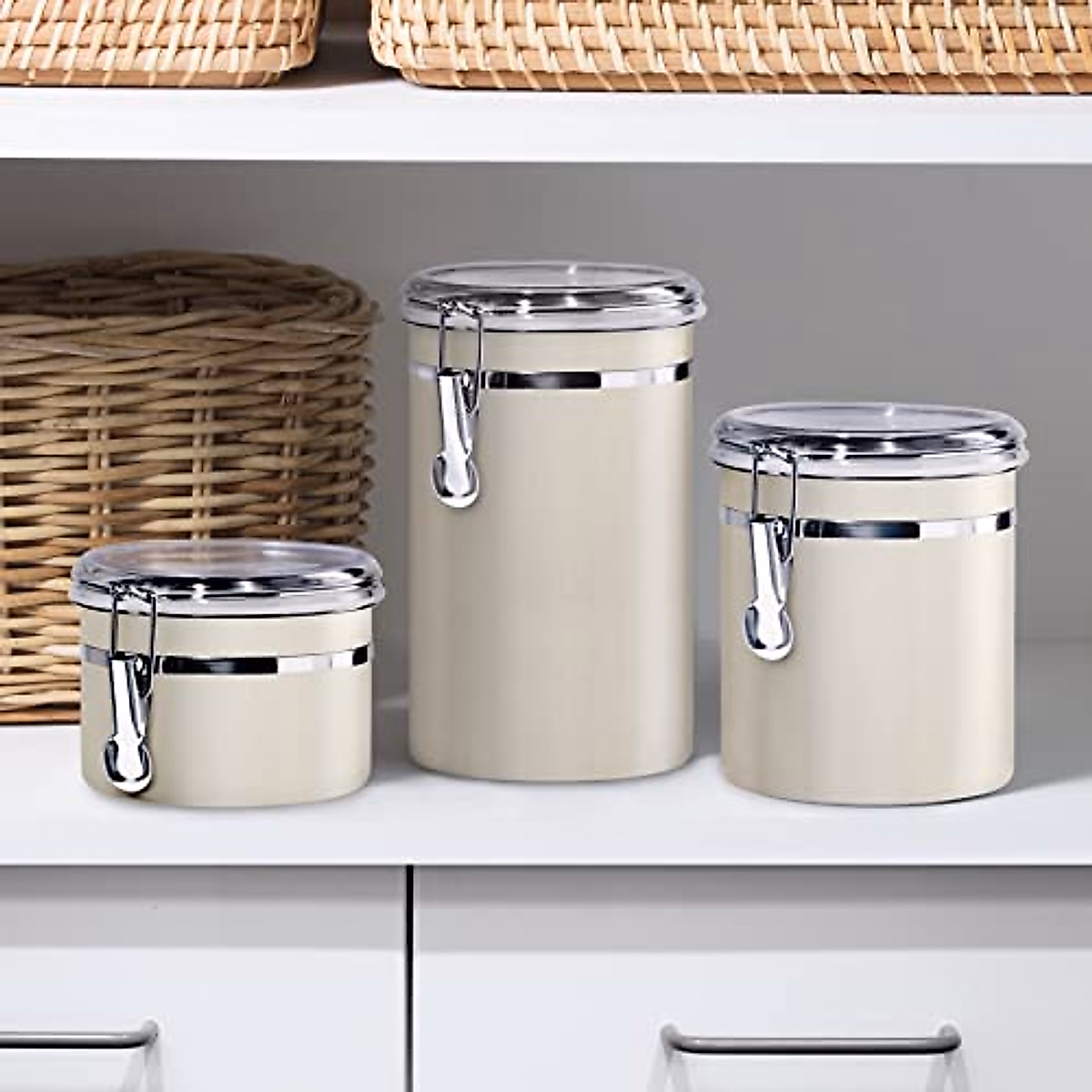 Oggi Stainless Steel Kitchen Canister 47 fl oz, Gray - Airtight Clamp Lid, Clear See-Thru Top - Ideal for Kitchen Storage, Food Storage, Pantry Storage. Large Size 5" x 6".