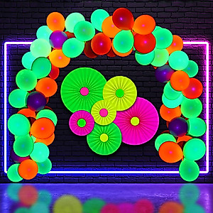 31 Pieces Glow Neon Party Supplies UV Reactive Set Fluorescent Hanging Paper Fans Black Light Glow Balloons Neon Paper Fans and Balloons Party Decorations for Glow Parties Birthdays Weddings