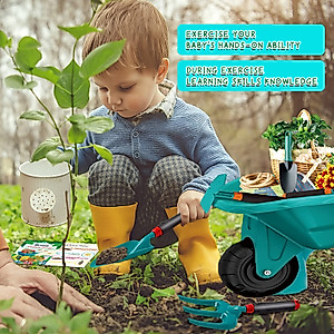 Qtioucp 16Pcs Kids Gardening Tools Outdoor Toys Set Backyard Play with Wheelbarrow, Apron, Watering Can and More Educational STEM Learning Pretend Toys Outdoor Indoor for Toddlers Kids Boys Girls