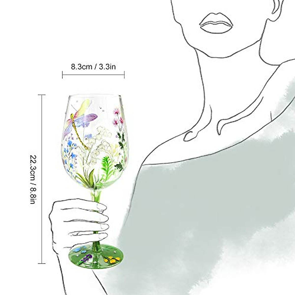 NymphFable Hand Painted Wine Glass Colorful Dragonfly Flower Artisan Painted 15 oz Glass Novelty Gift for Birthdays,Weddings,Valentine's Day