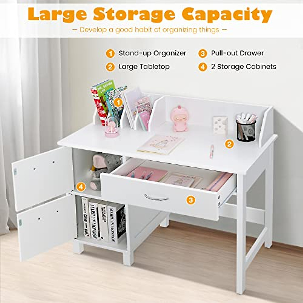 Costzon Kids Desk and Chair Set, Children Wooden School Learning Table w/Drawer & Storage Cabinets, Student Writing Computer Workstation for Bedroom & Study Room, Gift for Ages 3-8 (White)
