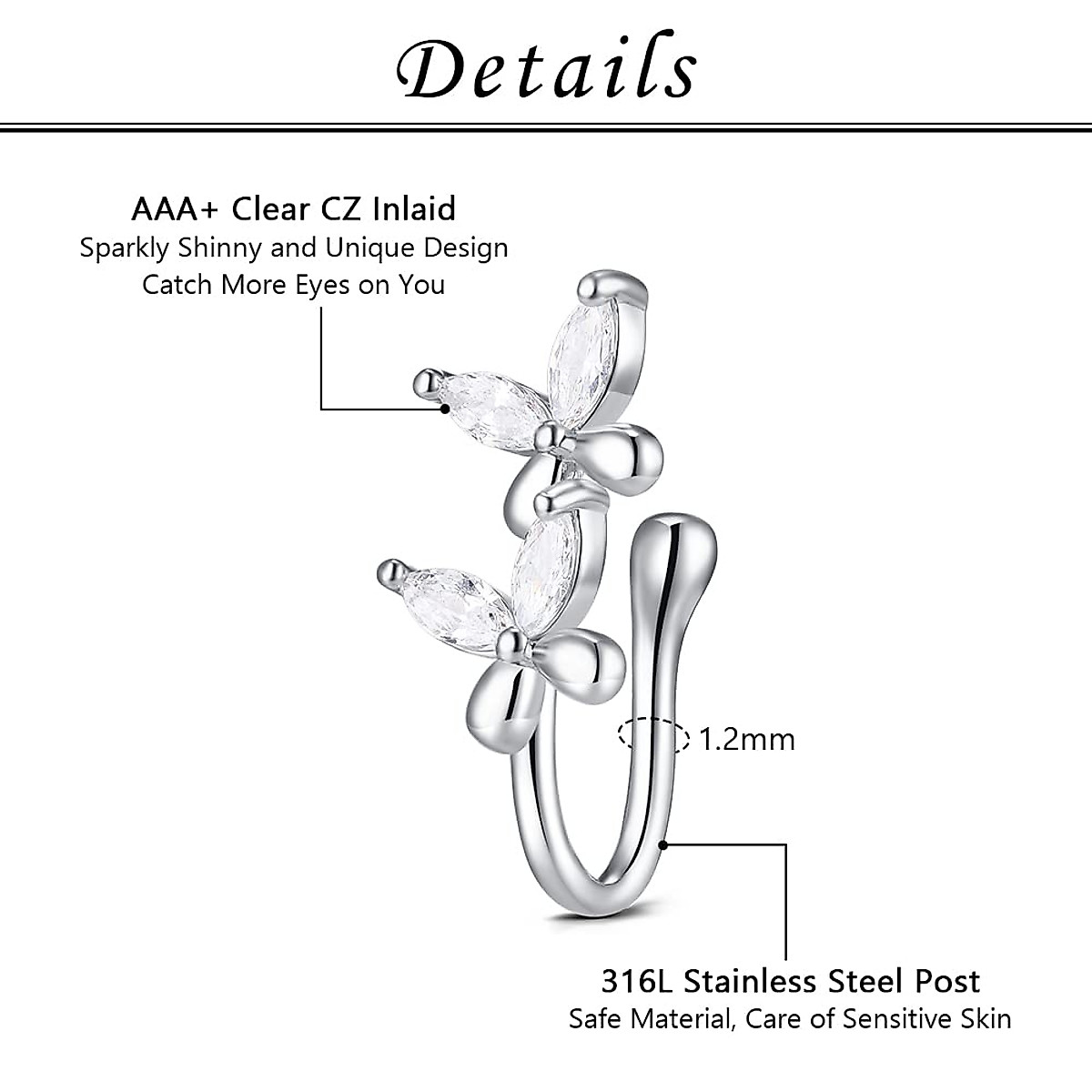 TOKRING Fake Nose Ring Hoop Fake Septum Nose Cuffs/ Studs Clip On Lip Ear Non Pierced Jewelry for Women Men Silver