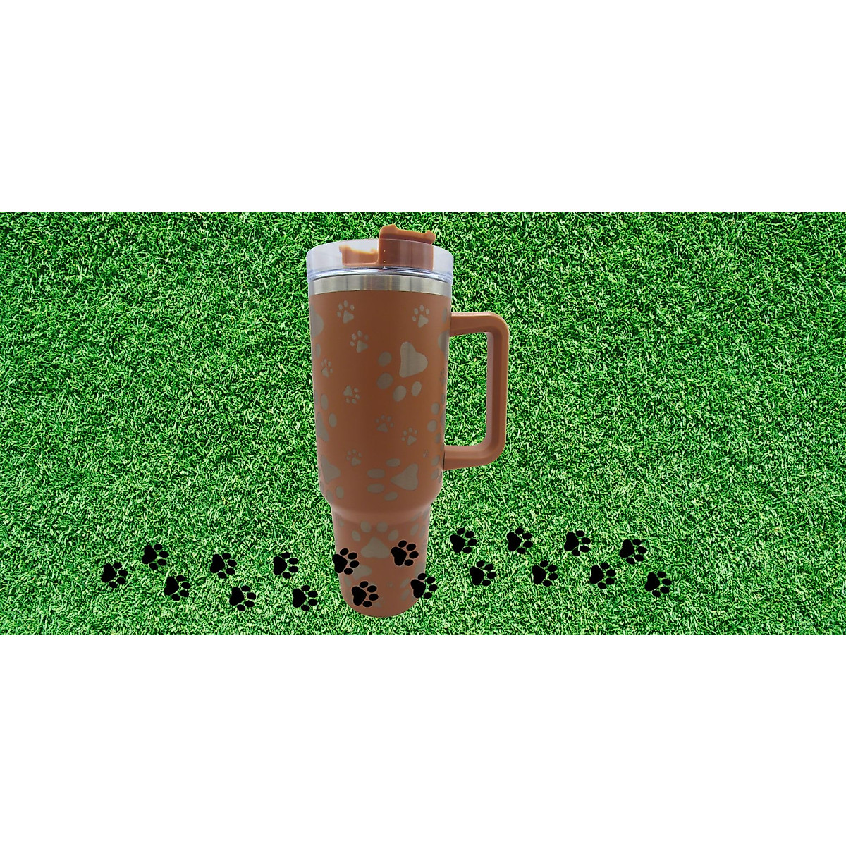 Etched Paw Puppy Print 40 oz Tumbler with Handle Stainless Steel (Brown)