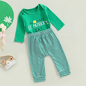 FIOMVA St. Patricks Day Outfit Set, Green 2Pcs Romper Bodysuit+Striped Pants, Infant Boys/Girls Clothing, 6-12 Months