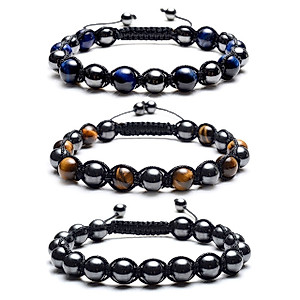 Top Plaza Men's Women's Reiki Healing Energy Natural Tiger Eye Stone Hematite Therapy Beads Macrame Adjustable Braided Link Bracelet(Set Of 3)