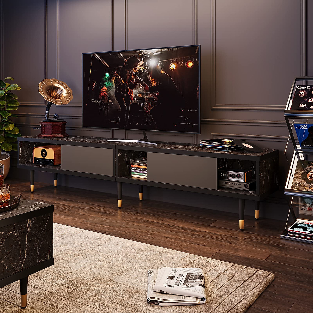 Bestier Mid Century Modern TV Stand for 85 inch tv, Entertainment Center with Storage and Sliding Doors, 2 in 1 Long TV Cabinet for Living Room, Black Marble