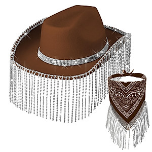 Pasimy Rhinestone Cowgirl Cowboy Hat and Bachelorette Bandanas Set Bling Diamond Fringe Hat for Women Men Cosplay Costume (Black)