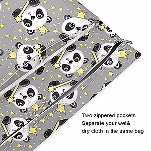 SDMKA 2Pcs Wet Dry Bag for Baby Cloth Diapers Cute Panda Reusable Waterproof Wet Bag with Two Zippered Pockets for Travel Beach Pool