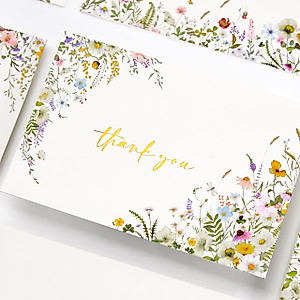 Crisky 4 Assorted Gold Foil WildFlowers Thank You Cards, (50 Cards with Envelopes for Birthday, Baby Shower, Bridal Shower, Wedding, All Occasion)