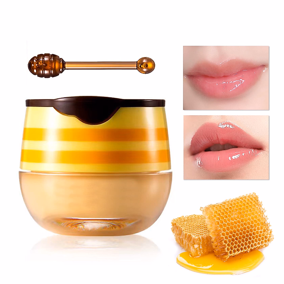 Honey Pot Bee Lip Balm with Honey Spoon,Honey Lip Sleeping Mask Overnight 24HR Repair Lip Reduces Lip Lines,Exfoliator Moisturizing Moisture Dry & Chapped Lip Care Products