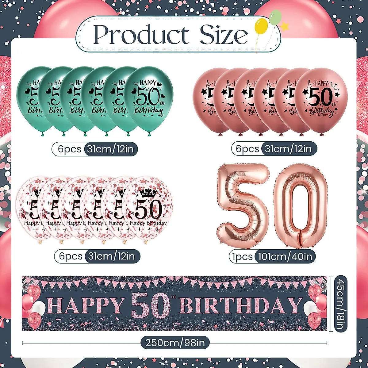 Rose Gold 50th Birthday Party Decorations for Women 50th Birthday Banner and 18pcs 50th Birthday Balloons for Women 50th Happy Birthday Banner for Anniversary Birthday Party Supply Garden Yard Decor
