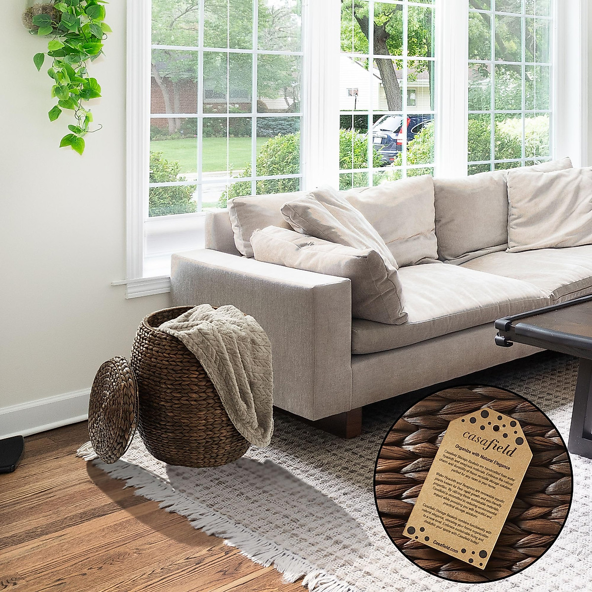 Casafield Round Storage Basket with Lid - Espresso, Handwoven Water Hyacinth Organizer for Laundry, Blankets, Plants, Bedroom, Living Room, Home Office