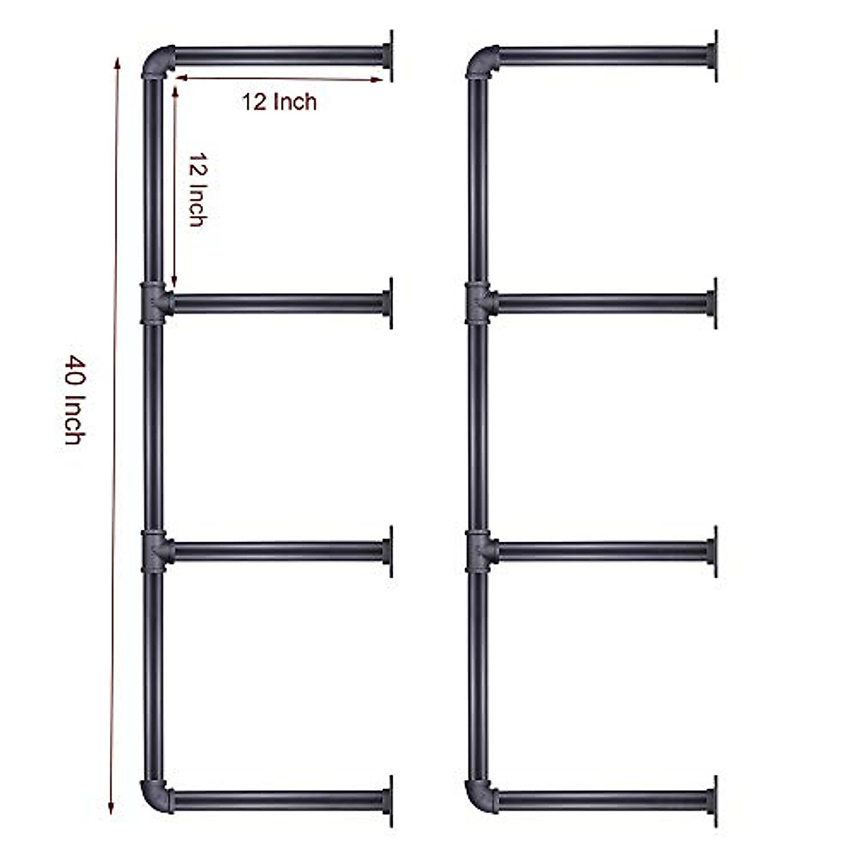 MUZIK 4 Tier Industrial Wall Mount Iron Pipe Shelf, Vintage Industrial Wall Mount Bookshelf Shelving Unit, DIY Open Bookshelf, Shelf Shelves, Kitchen Shelves, 2 Pack 40 Inch, 3/4 Pipe Nipple