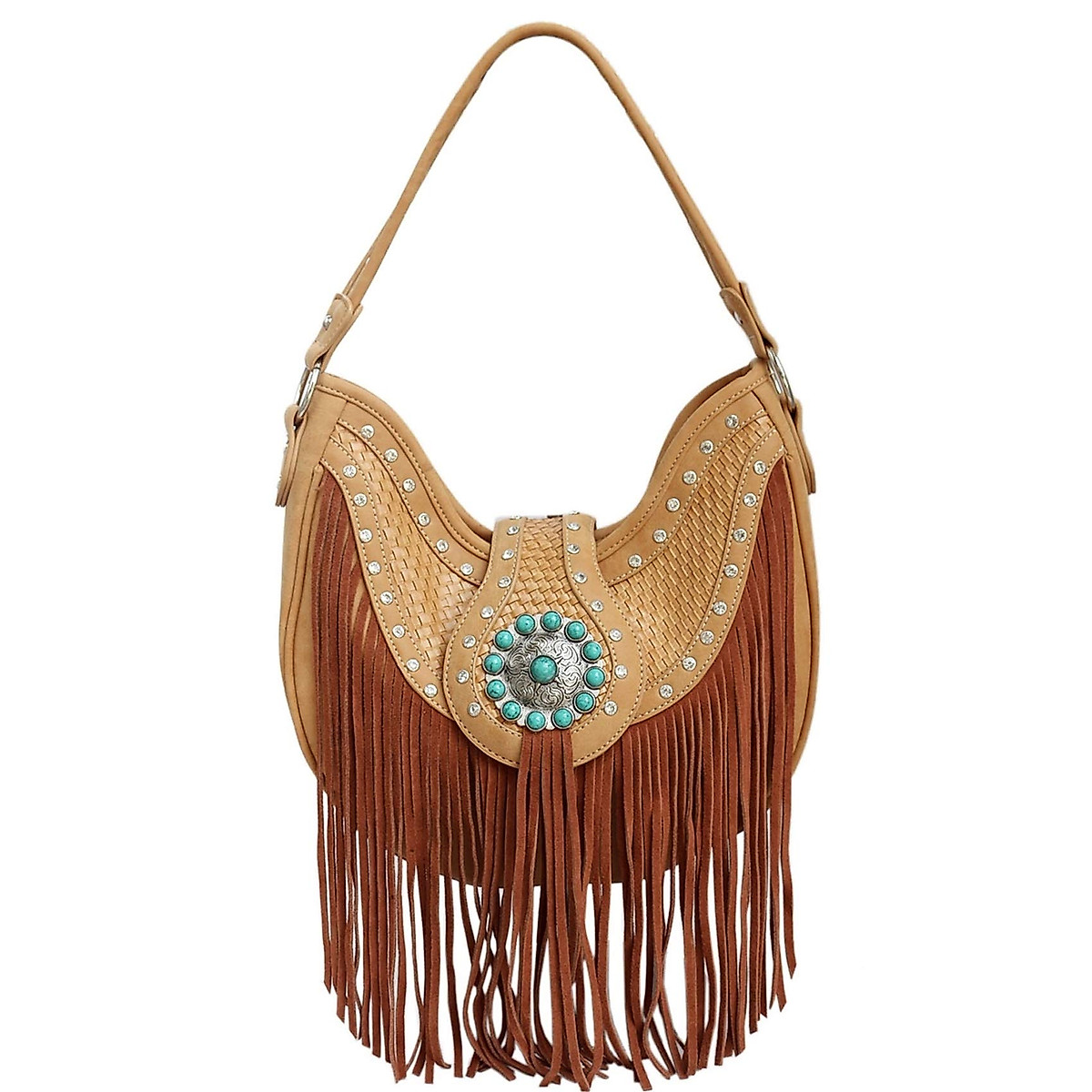 Texas West Western Style Rhinestone Concho Buckle Basketweave Purse Women Shoulder Bag in 4 colors (Tan)