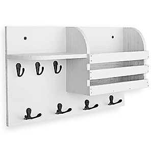 Wallniture Horta Mail & Key Holder for Wall, Farmhouse Decor Coat Rack Entryway Organizer with Hooks for Hanging Face Masks Wood Rustic White