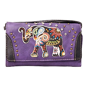HW Collection Large Elephant Purse Women Embroidered Western Handbag and Wallet Set (Purple)