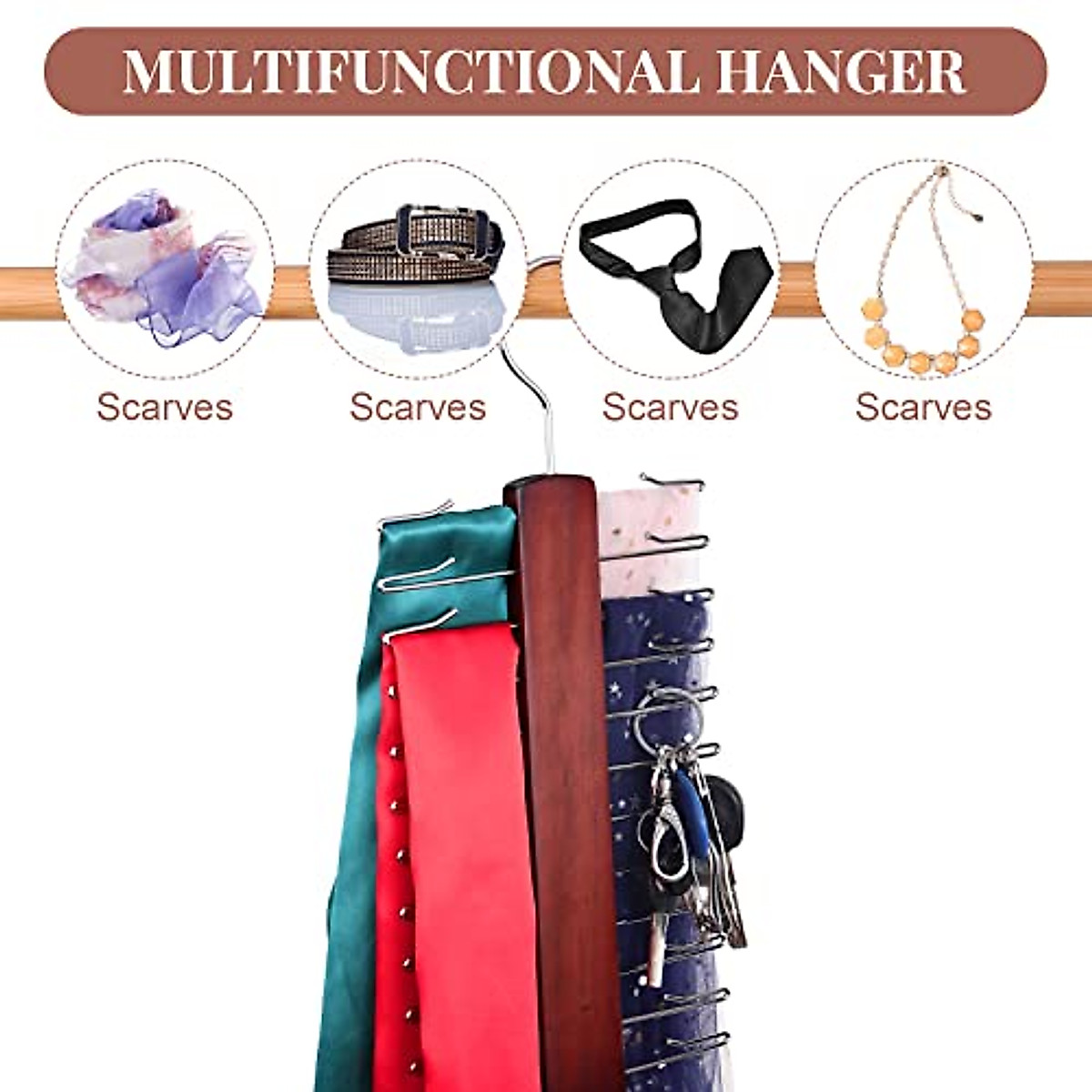 Sawysine 2 Pack Wooden Tie Rack Tie Hangers for Men 24 Hooks Tie and Belt Hangers 360 Degree Swivel Tie Organizer Closet Ties Belts Scarf Accessories (Brown)