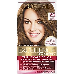 L'Oreal Paris Excellence Creme Permanent Triple Care Hair Color, 6G Light Golden Brown, Gray Coverage For Up to 8 Weeks, All Hair Types, Pack of 1