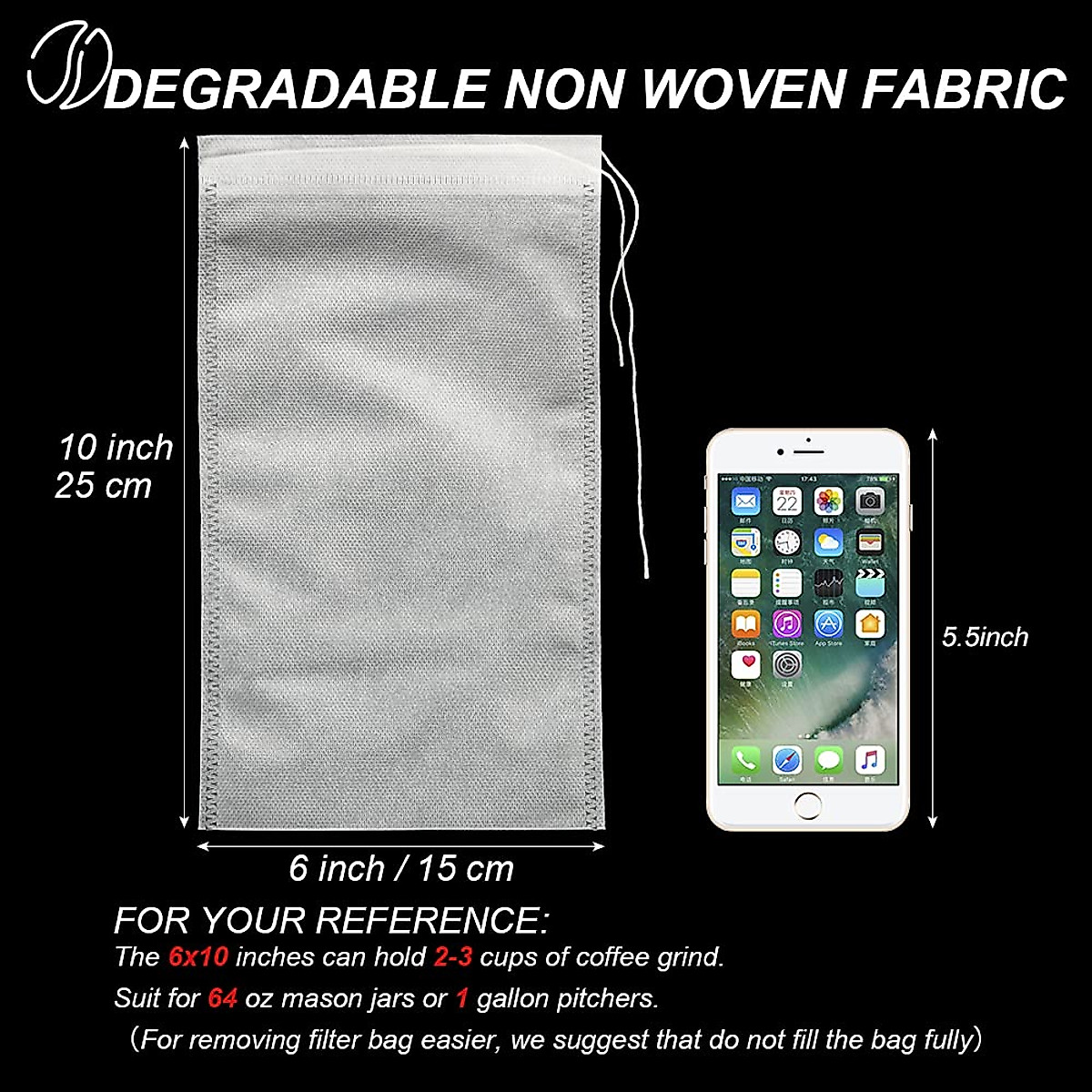 50pcs No Mess Cold Brew Bags, 6x10 inch Disposable Coffee Filter Bag Fine Mesh Brewing Drawstring Pouches for Iced Coffee Hot Tea Herb Spice