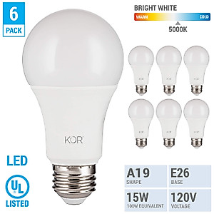 KOR LED Light Bulbs - 6 Pack of 5000K Daylight White Lightbulbs - E26 Base, A19 Size, 15W (100W Incandescent Equivalent) - Long Lasting 1500 Lumen Bright Shatter Resistant Energy Saving Light Bulbs