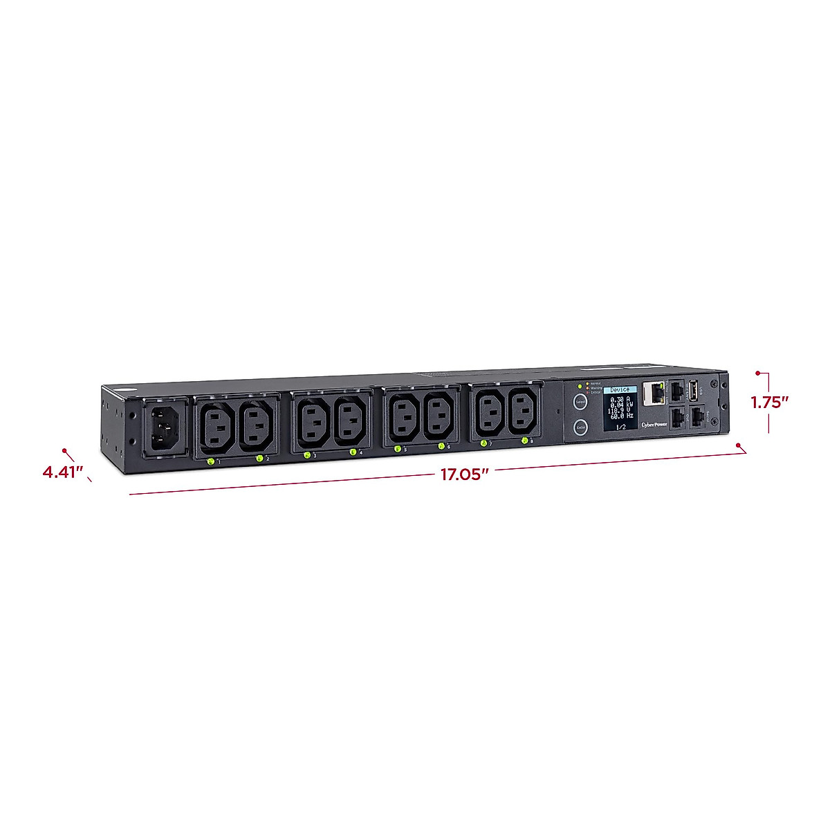 CyberPower PDU41004 Switched PDU, 100-240V/12A, (Derated to 12A UL /10A CE), 8 Outlets (C13), Input (C14) 10 ft. Cord, 1U Rackmount, 3 Year Warranty - Black