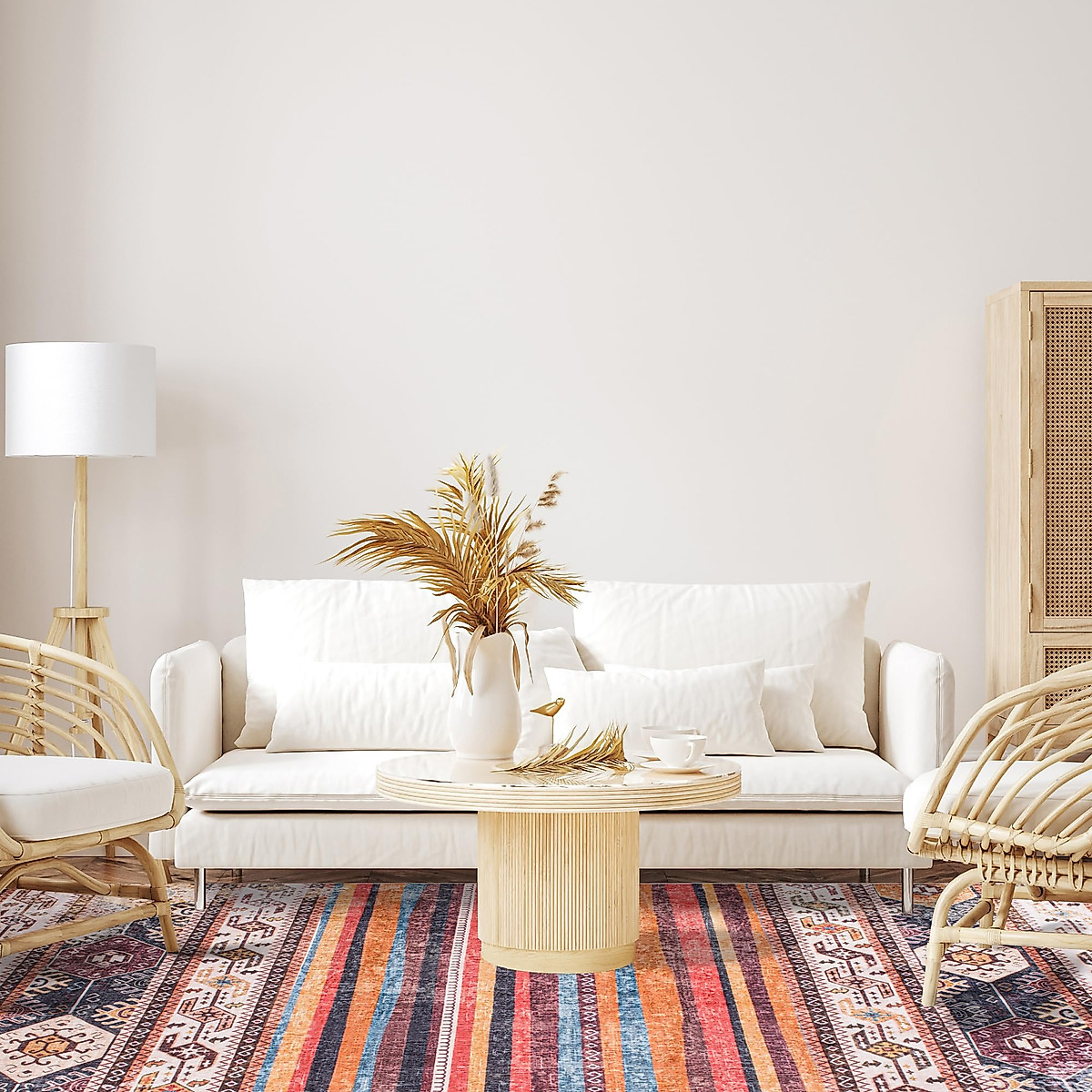 Washable Rug 6x9 Stripe Boho Area Rug, Vintage Living Room Rug Indoor Non-Slip Non-Shedding Soft Foldable Faux Wool Large Area Rug for Bedroom, Dining Room, Farmhouse, Kids Playroom(Cream/Mix)