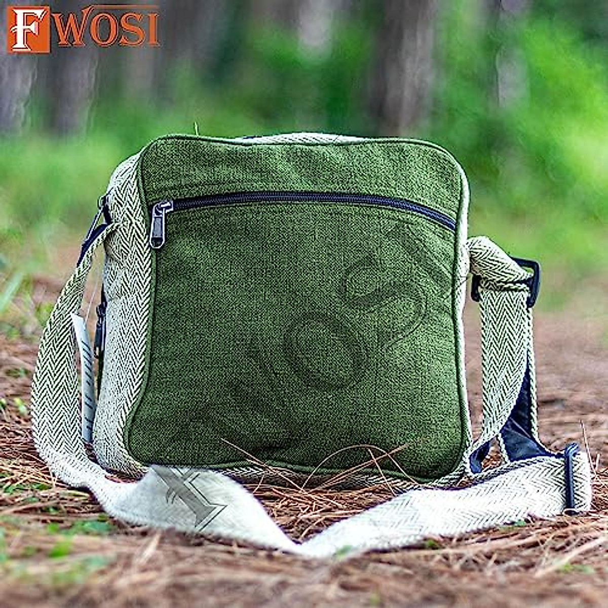 Fwosi Hemp Crossbody Messenger Bag - Unisex School Tote for Men & Women - Lightweight, Bohemian Shoulder Sling Bags - 4 Compartments, Zipper Closure, Adjustable Strap - Handmade in Nepal - Green