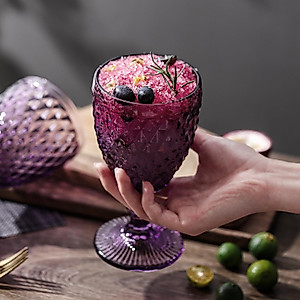 1500° C TABLETOP Purple Colored Goblet Glasses 10 oz. set of 6 Water Goblets Vintage Glassware Embossed with Diamond Pattern for Iced Tea Beverage for Party and Wedding