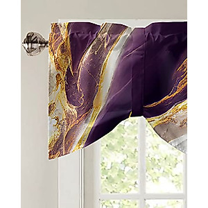 Sabolny Marble Purple Tie Up Valance Curtain for Kitchen Living Room Bedroom Bathroom Cafe, Rod Pocket Small Short Window Drape Panel Adjustable Drapary Print, Abstract Gold White Modern Art 54"x18"