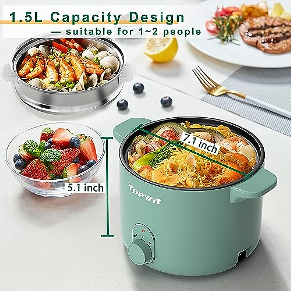 Topwit Electric Pot with Steamer, 1.5L Non-stick Ramen Cooker, Hot Pot Electric, Electric Pot for Cooking Pasta, Noodles, Steak, Egg, Portable Pot with Dual Power Control, Dorm Room Essentials, Green