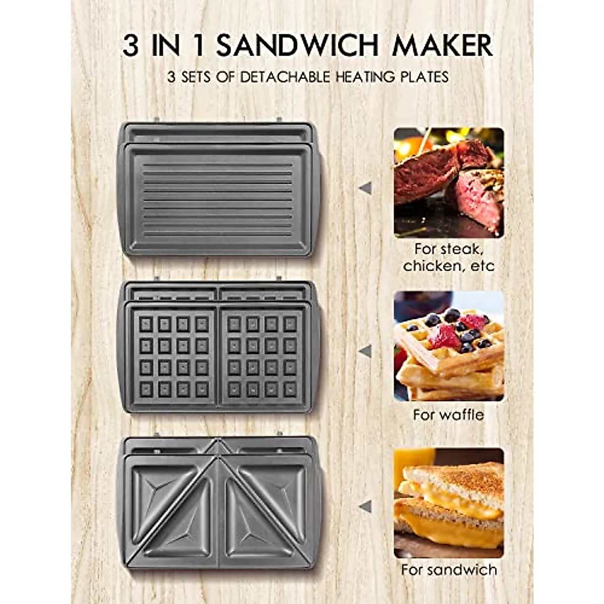 Sandwich Maker 3 in 1, Waffle Make with Removable Plate, Electric Panini Press Grill, Sandwich Toaster with Detachable Non-stick Coating, LED Indicator Lights, Cool Touch Handle, Black