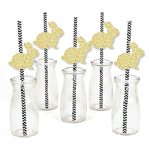 Gold Glitter Bunnies Party Straws - No-Mess Real Gold Glitter Cut-Outs & Decorative Easter Paper Straws - Set of 24