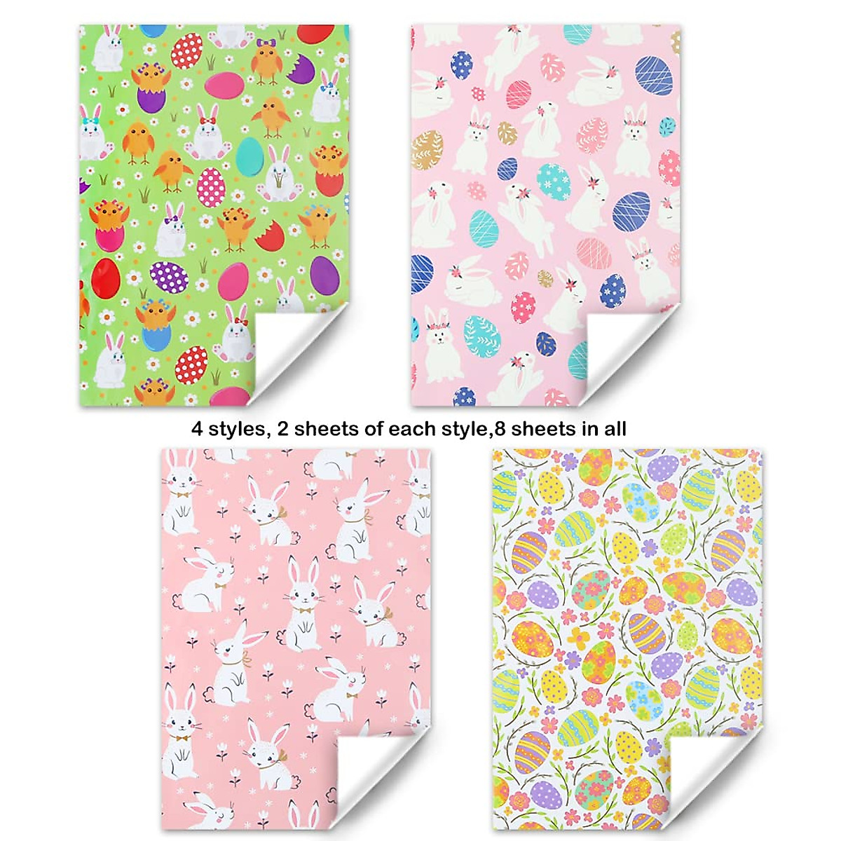 Easter Wrapping Paper,8 Sheets 4 Design Bunny Eggs Chicks Pattern Birthday Gift Wrap,20 x 28inch Cute Wrapping Paper Sheets With Ribbon for Easter Spring Party All Occasion Girls Boys Baby Shower
