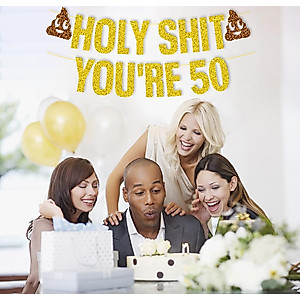 Gold Glitter Holy Shit You're 50 Birthday Banner Party Decoration,Happy 50th Birthday/Cheers to 50 Years, Funny 50th Birthday Party Decorations Supplies (Gold 50th)