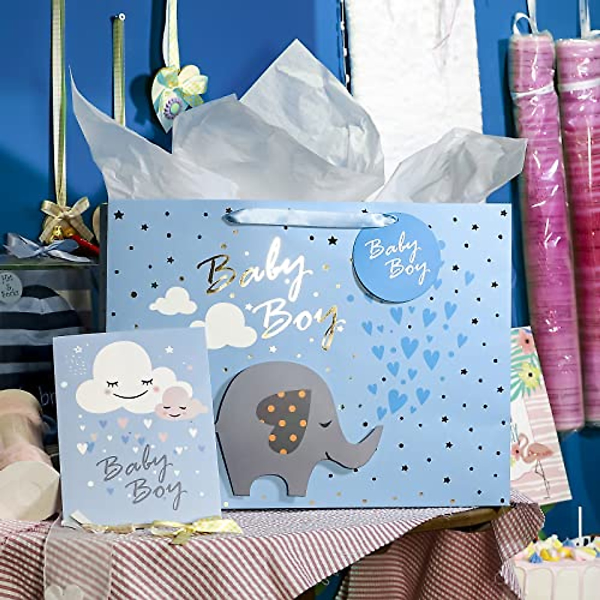 MAYPLUSS 16" Extra Large Gift Bag with Greeting Card and White Tissue Paper - Baby Boy 3D Making Design