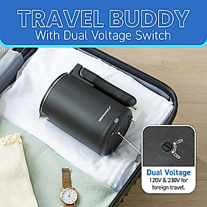 Elite Gourmet EKT719 Dual Volt 120-230V, Travel Double Wall Insulated Cool-Touch, 0.6L Electric Kettle, Stainless Steel Interior, Hinged-Locking Lid, Retractable Handle, Auto Shut-Off, Boil Dry, Black