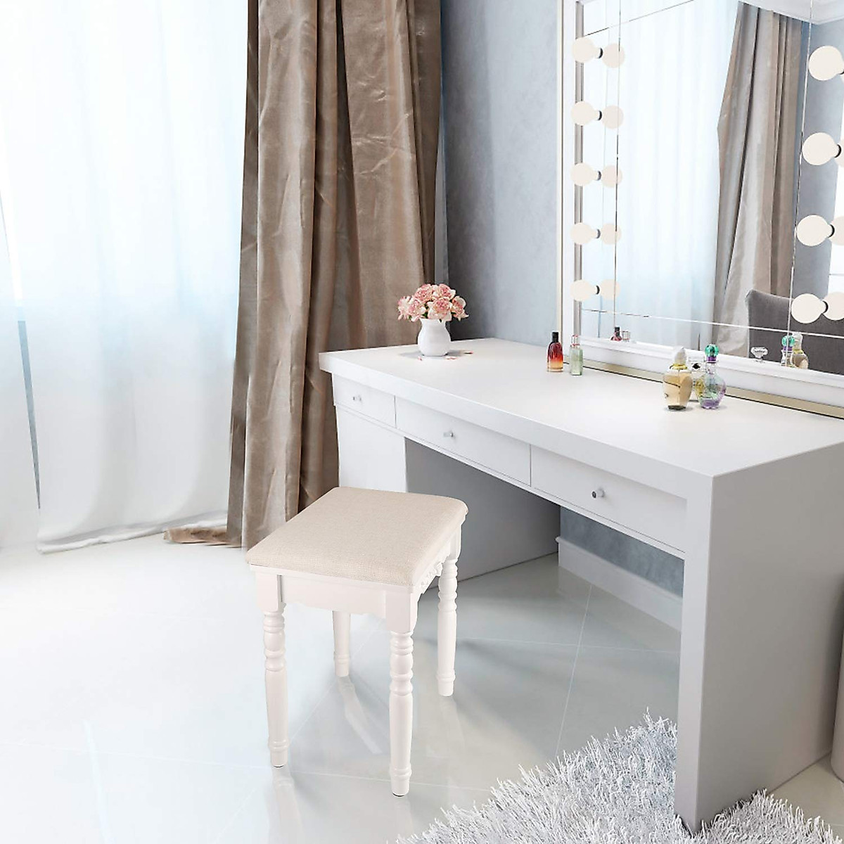 URFORESTIC Vanity Stool, Modern Makeup Dressing Stool with Concave Seat Surface,Capacity 300lb, Easy Assembly (White)