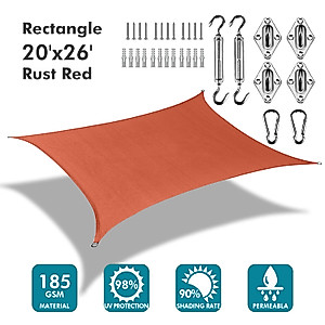 KANAGAWA Sun Shade Sail 20'X26' Rust Red Oversize Rectangle UV Block Canopy Awning Shelter Fabric Cloth Screen with Shade Sail Hardware Kit for Outdoor Patio Garden Backyard