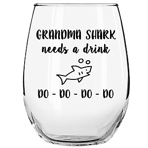 Grandma & Grandpa Shark Needs a Drink Do Do Do Do Funny Novelty Stemless Wine Glass with Sayings - Gifts for Grandparents - Birthday, Christmas, Mothers Day, Father's Day Gifts - 2 Pack (15oz)