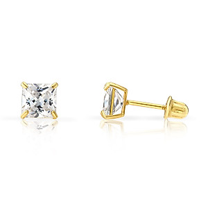 Solid 14k Yellow Gold Solitaire Square Princess-cut CZ Stud Earrings with Secure Screw-backs (5mm)