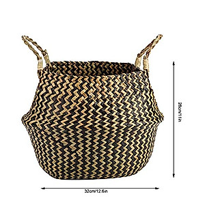 Foldable Storage Basket, Natural Seagrass Woven Storage Basket Clothes Organizer Plant Flower Pot for Bedroom, Living Room, Kids Room(Black (wave pattern))