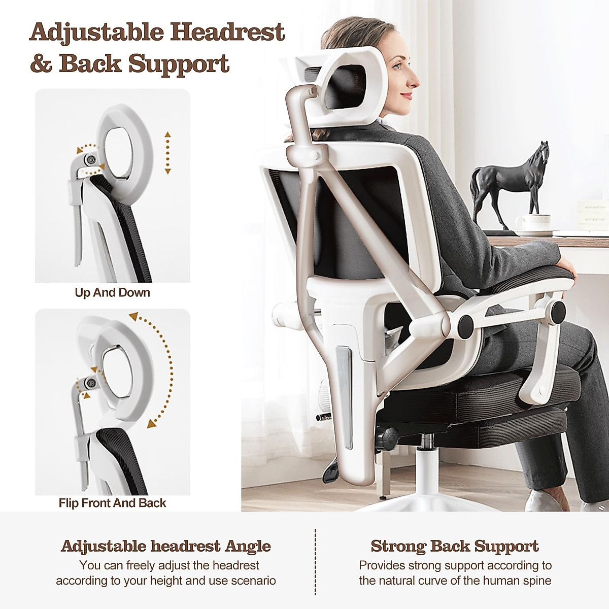 XUEGW Ergonomic Office Chair High Back Mesh Desk Chair with Lumbar Support and Adjustable Headrest Computer Gaming Chair Executive Swivel Chair for Home Office