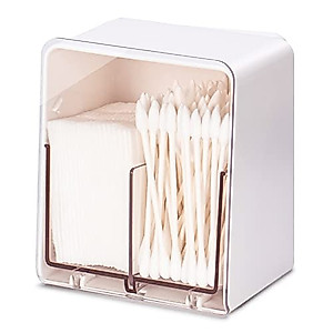 Leadiy Qtip Holder Cotton Pads Organizer, Cotton Ball Holder for Bathroom Canisters, Q Tip Storage Organizer with Clear Lid Bathroom Container Box 2 Sections Storage
