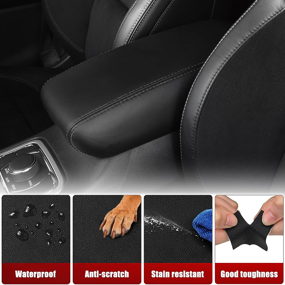 KBH Center Console Cover Replacement for Jeep Grand Cherokee & Dodge Durango 2011-2020, Vinyl Leather Armrest Upholstery, Anti-Scratch, Black (Leather Part Only)