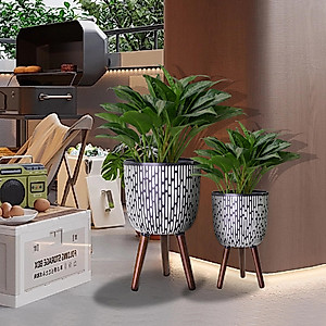 Opnons Plant Pot with Stand 2pcs 10 & 12 inches, Mid-Century Tall Planter with Legs for Indoor Plants, Boho Purple Print Standing Plant Pot with Drainage Plug for Monstera, Herb, Succulent Flower Pot