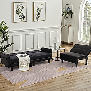 VUYUYU 107/'' Futon Sofa Couch Bed, Faux Leather 3-Seater Couches for Living Room, Mid-Century Modern Tufted Convertible Recliner Sleeper Small Space with Armrest/Side Pockets, Black-3 Seater