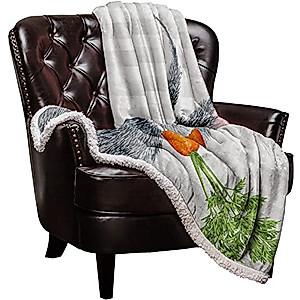Sherpa Blankets Fleece Throw Blanket Reversible Soft Cozy Bed Blankets Easter Watercolor Bunny with Carrot,Flannel Sofa Throws,Grey and White Buffalo Plaid Fuzzy Warm Blankets for Couch,50x80in