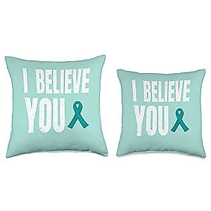 Strength Tees Believe Men Women Sexual Assault Awareness Teal Ribbon Throw Pillow, 16x16, Multicolor