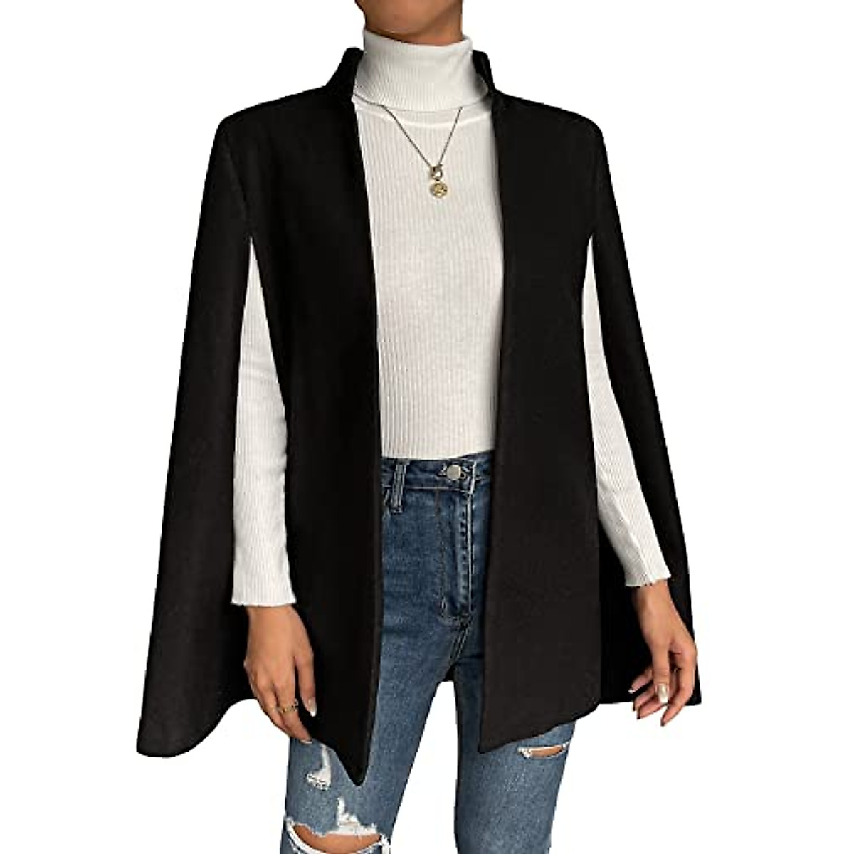 WDIRARA Women's Split Cloak Long Sleeve Open Front Cape Blazer Business Jacket Black S